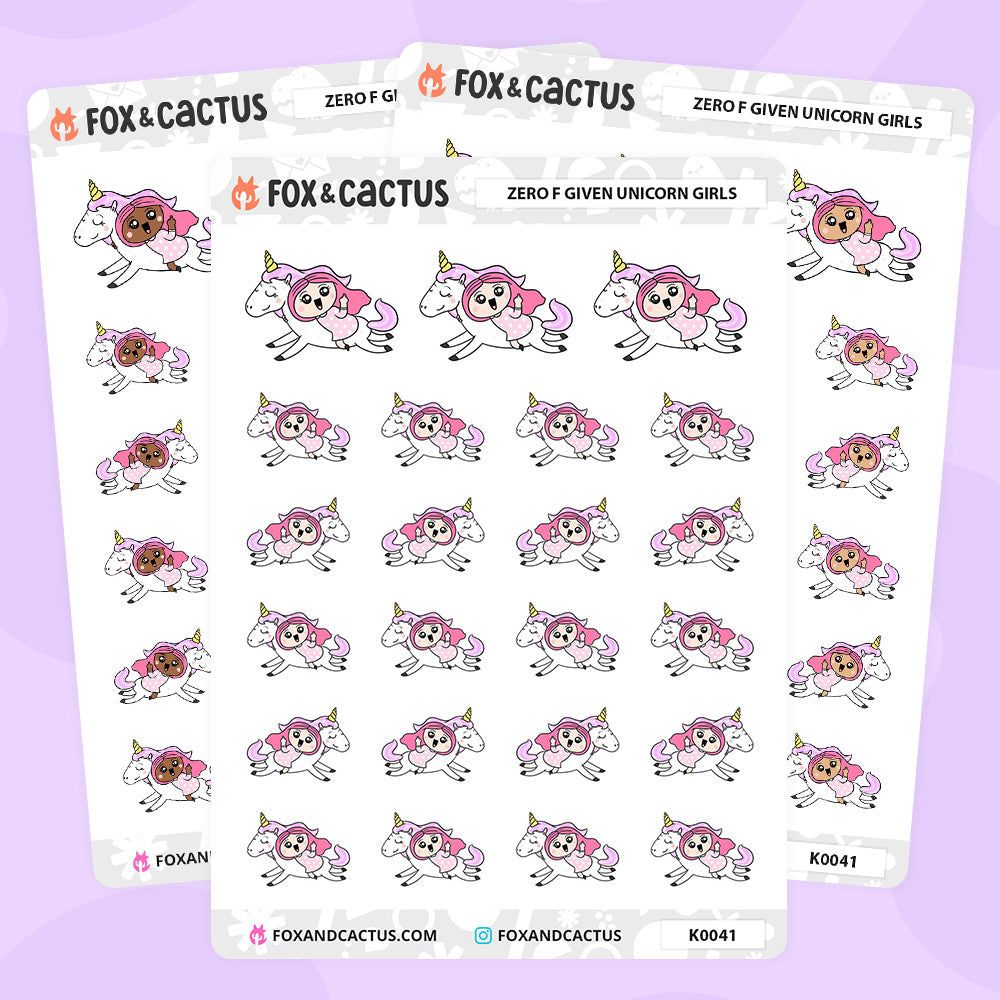 Zero Fs Given Unicorn Riding Kawaii Girl Stickers – Fox and Cactus