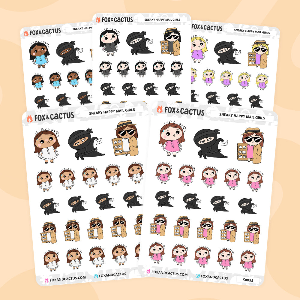 Sneaky Happy Mail Kawaii Girl Stickers – Fox and Cactus